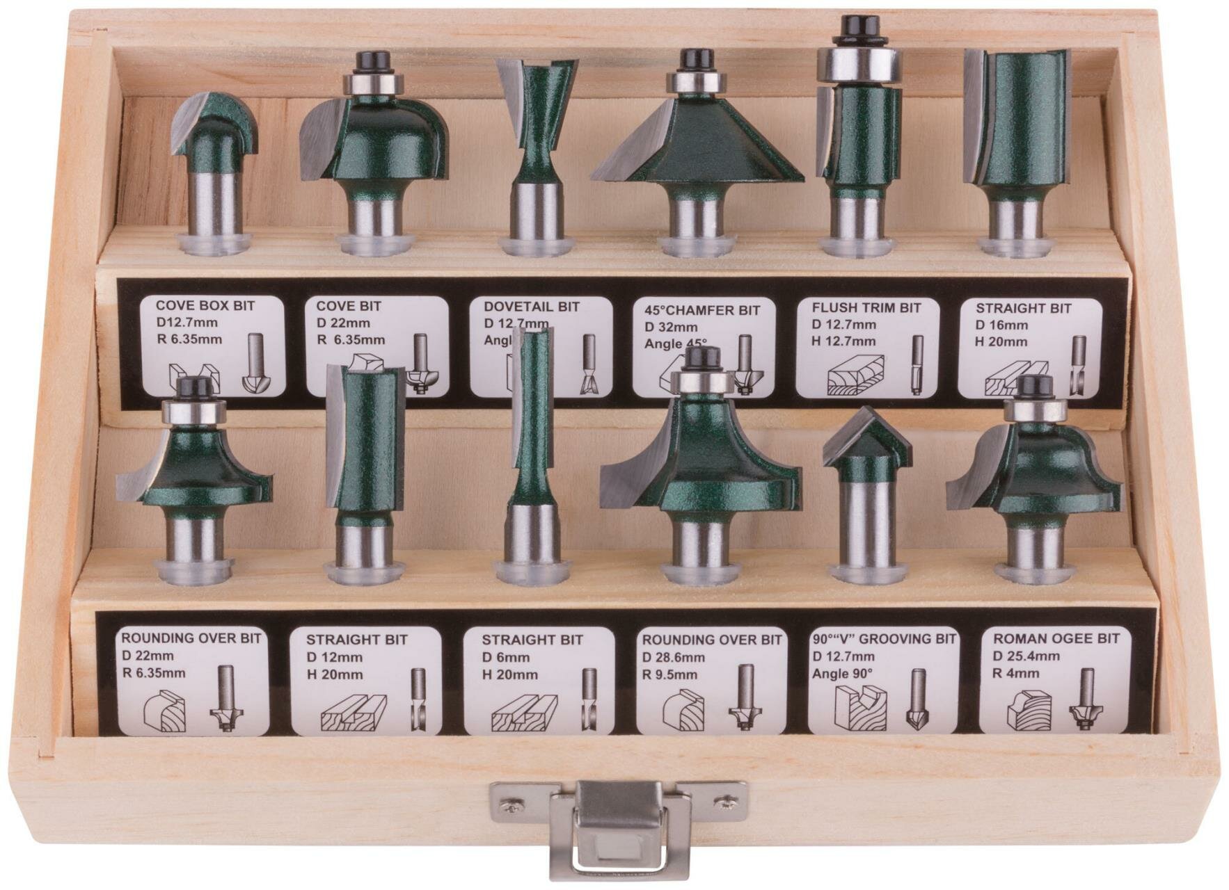 Фрезы по дереву кромочные, набор 12 шт, деревянный бокс, хвостовик 8 мм