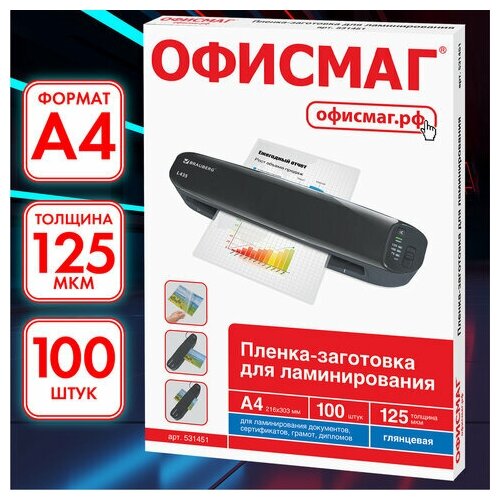 Пленки-заготовки для ламинирования А4, комплект 100 шт, 125 мкм, офисмаг, 531451