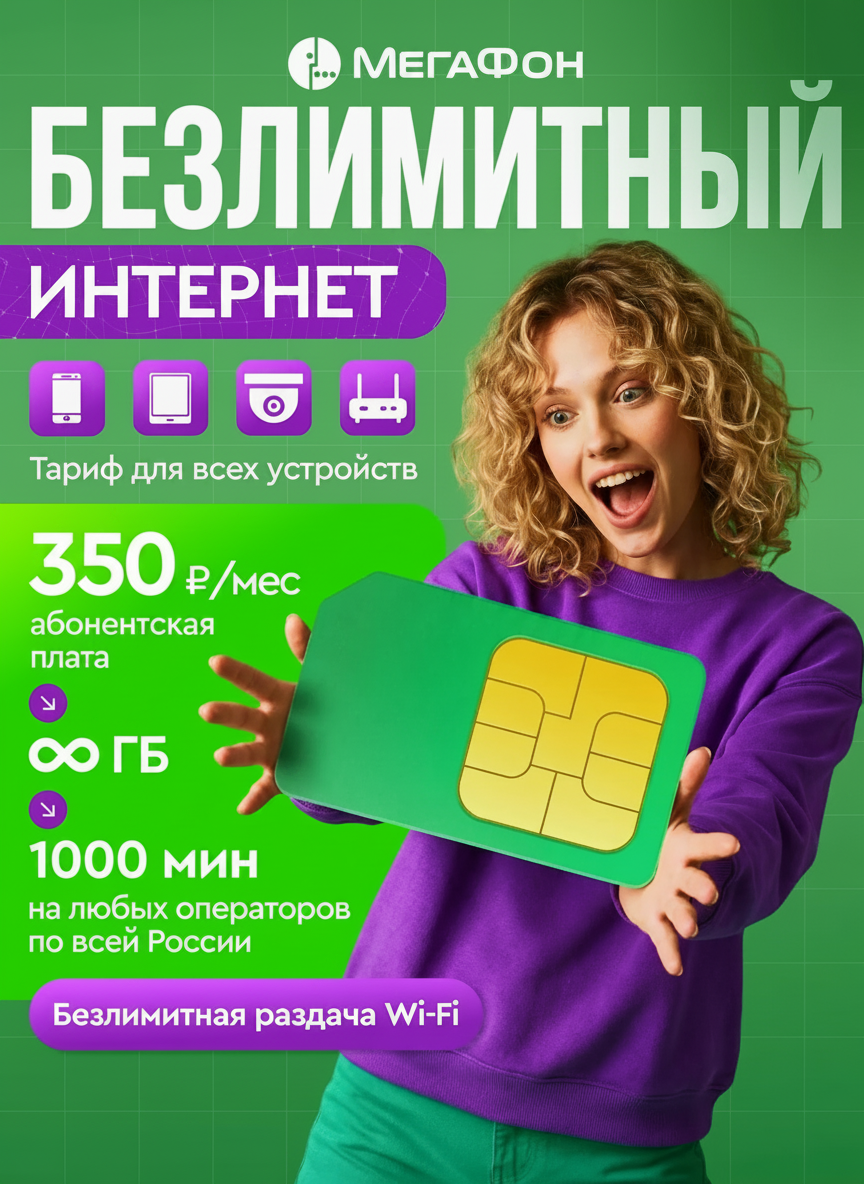 Сим-карта Мегафон, безлимитный интернет, раздача интернета, 350 рублей в месяц