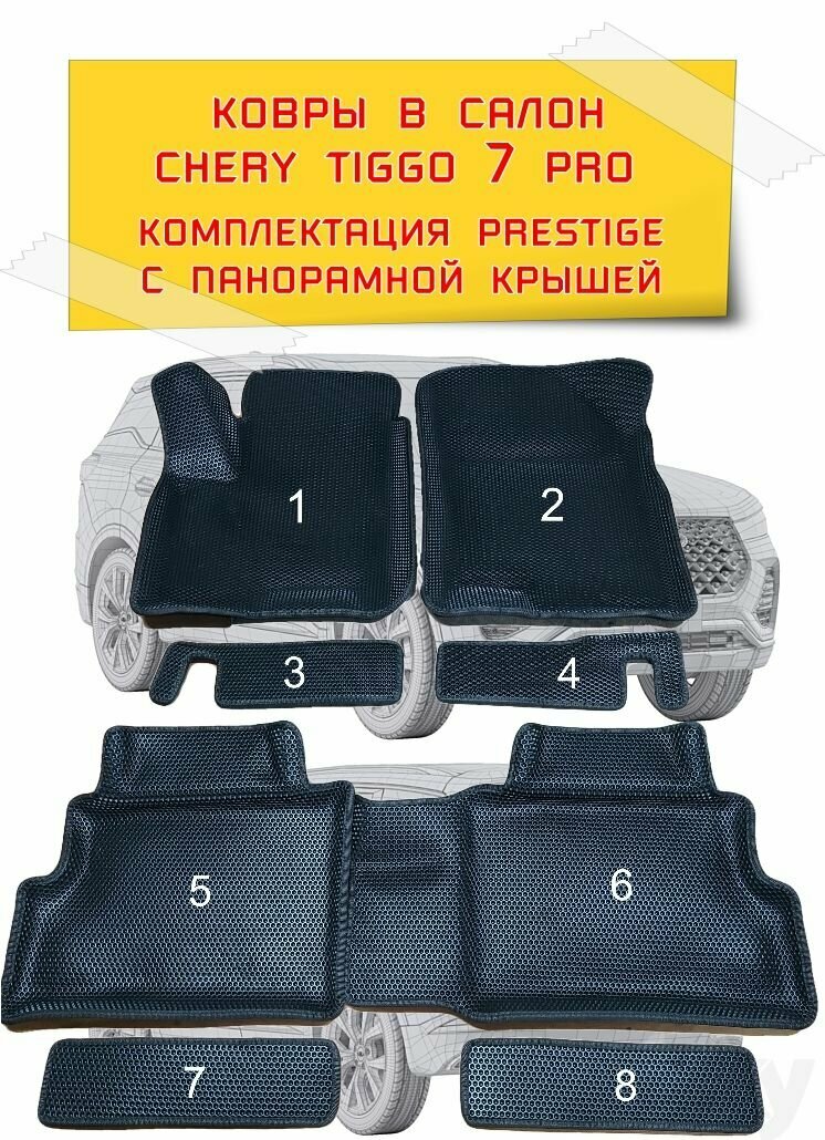 Chery Tiggo 7 Pro. Prestige (С панорамной крышей). Ковры в салон 3D EVA/ Цвет Черный/Синий