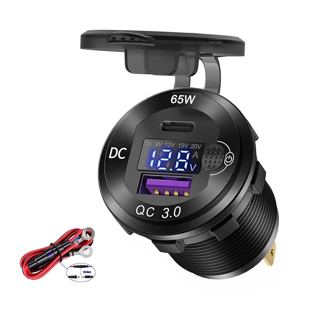 Автомобильное зарядное устройство USB C 12 В/24 В, 83 Вт, быстрая зарядка, 65 Вт PD3.0 и 18 Вт QC3.0, светодиодный цифровой дисплей, выключатель питания для автомобилей, автофургонов, квадроциклов, мотоциклов PD 65W Blue wire