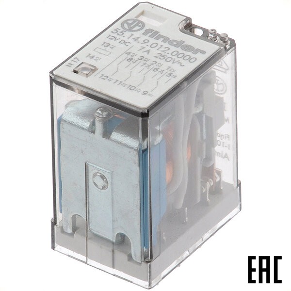 Реле промежуточное 55.14.9.012.0000 12В DC 7А 4перекл. контакта серия 55 Finder