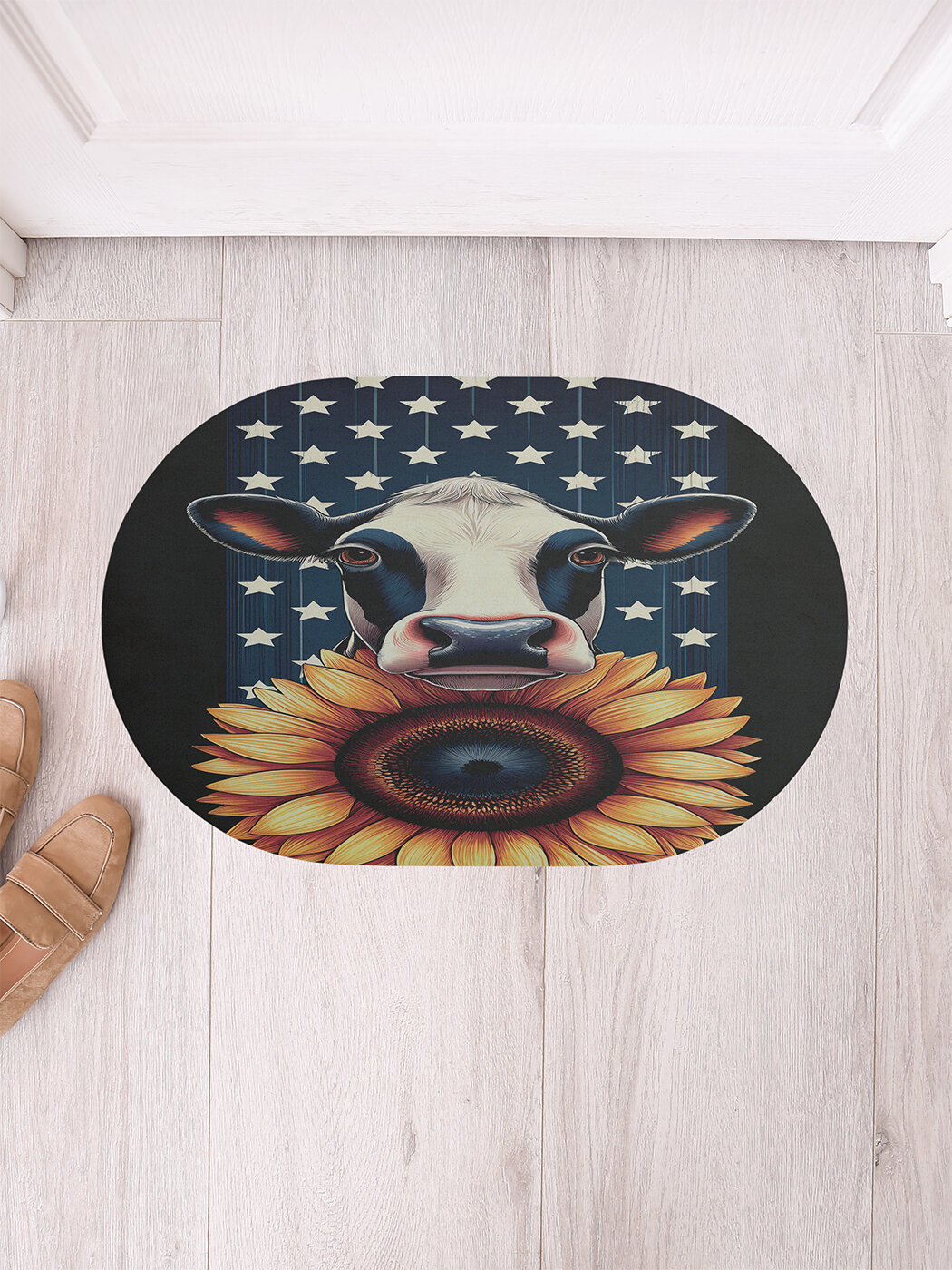 Коврик овальный в прихожую "Корова и подсолнух" 58x38 см, JoyArty
