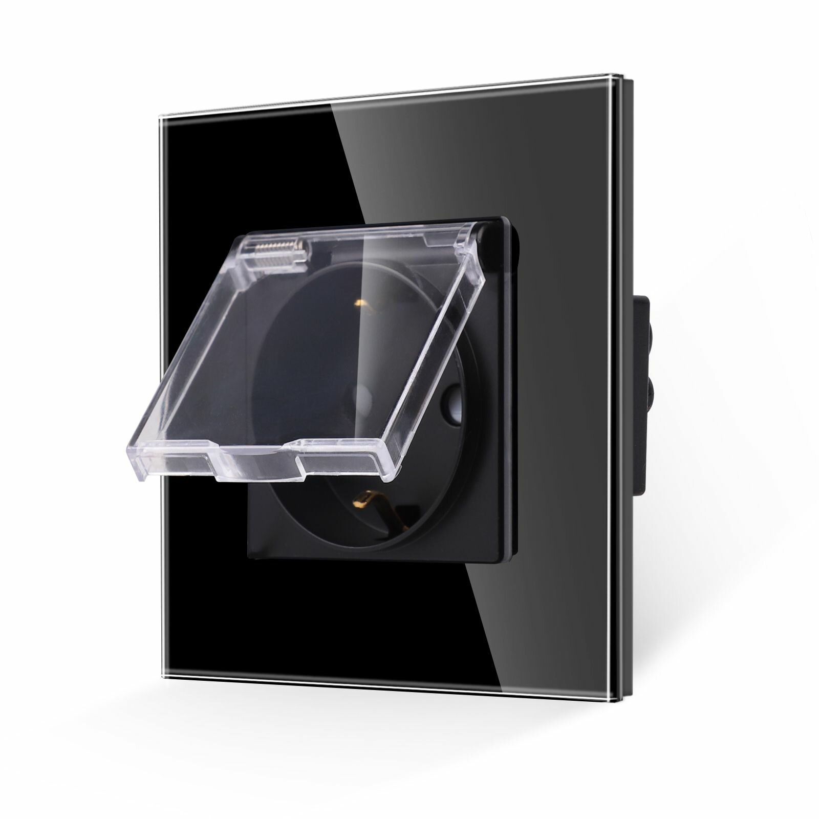 Розетка c водонепроницаемой крышкой, Встраиваемая водонепроницаемая розетка на 16А стеклянна Черный c землей