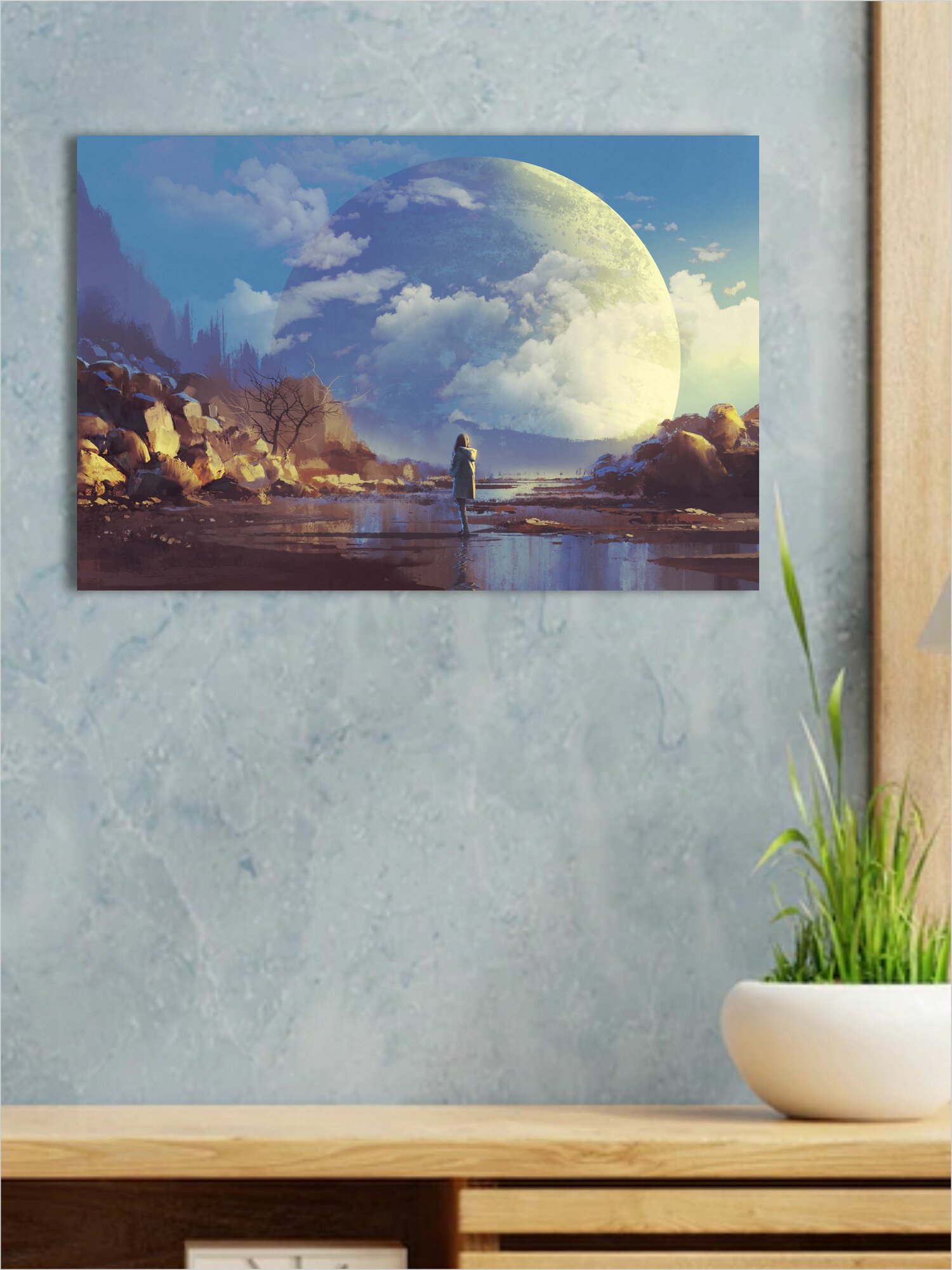 Картина для интерьера на стену фэнтези. Девушка у горной реки 50х70 см на холсте на подрамнике