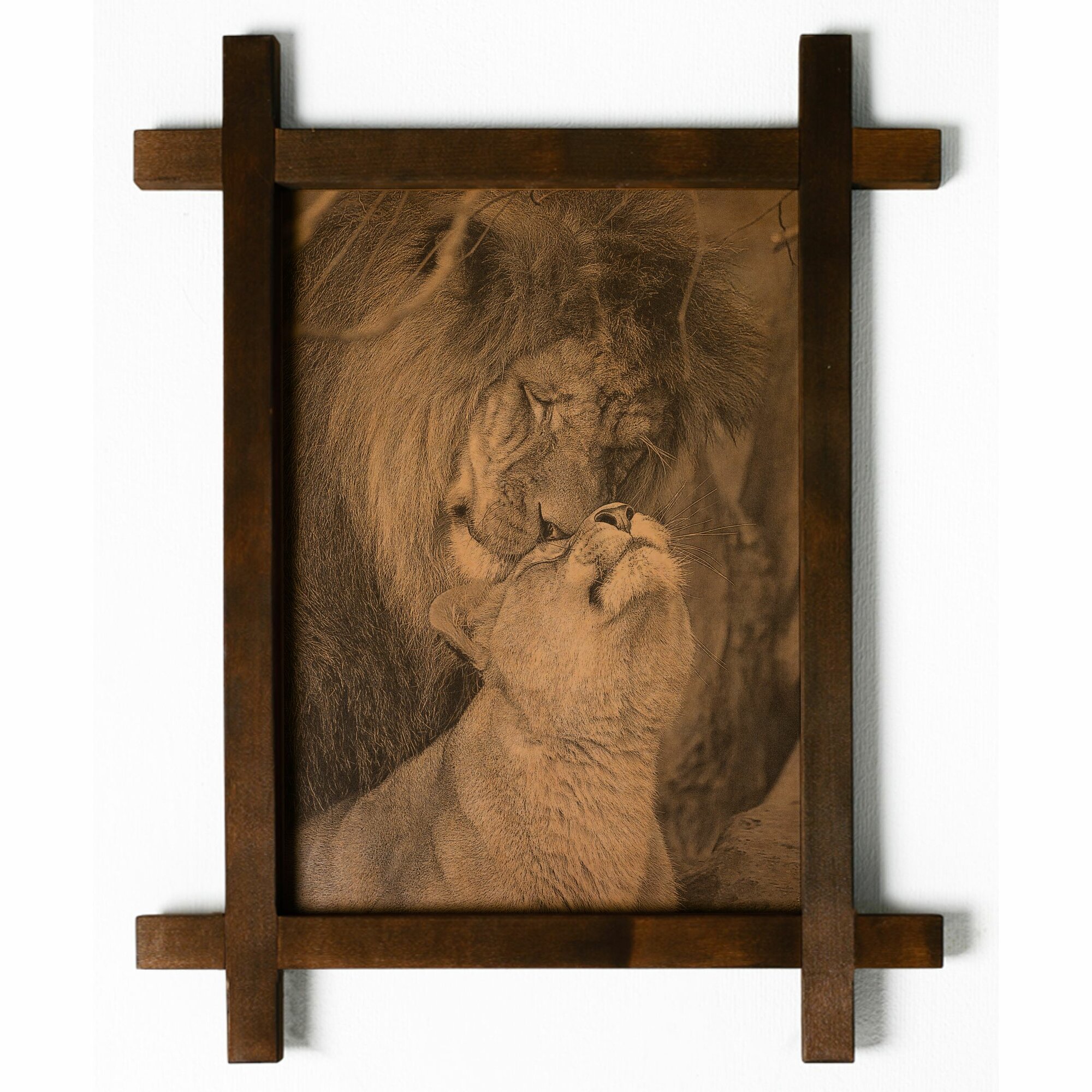 Картина интерьерная, натуральная кожа, "Львиная парочка 2", в деревянной раме, BoomGift