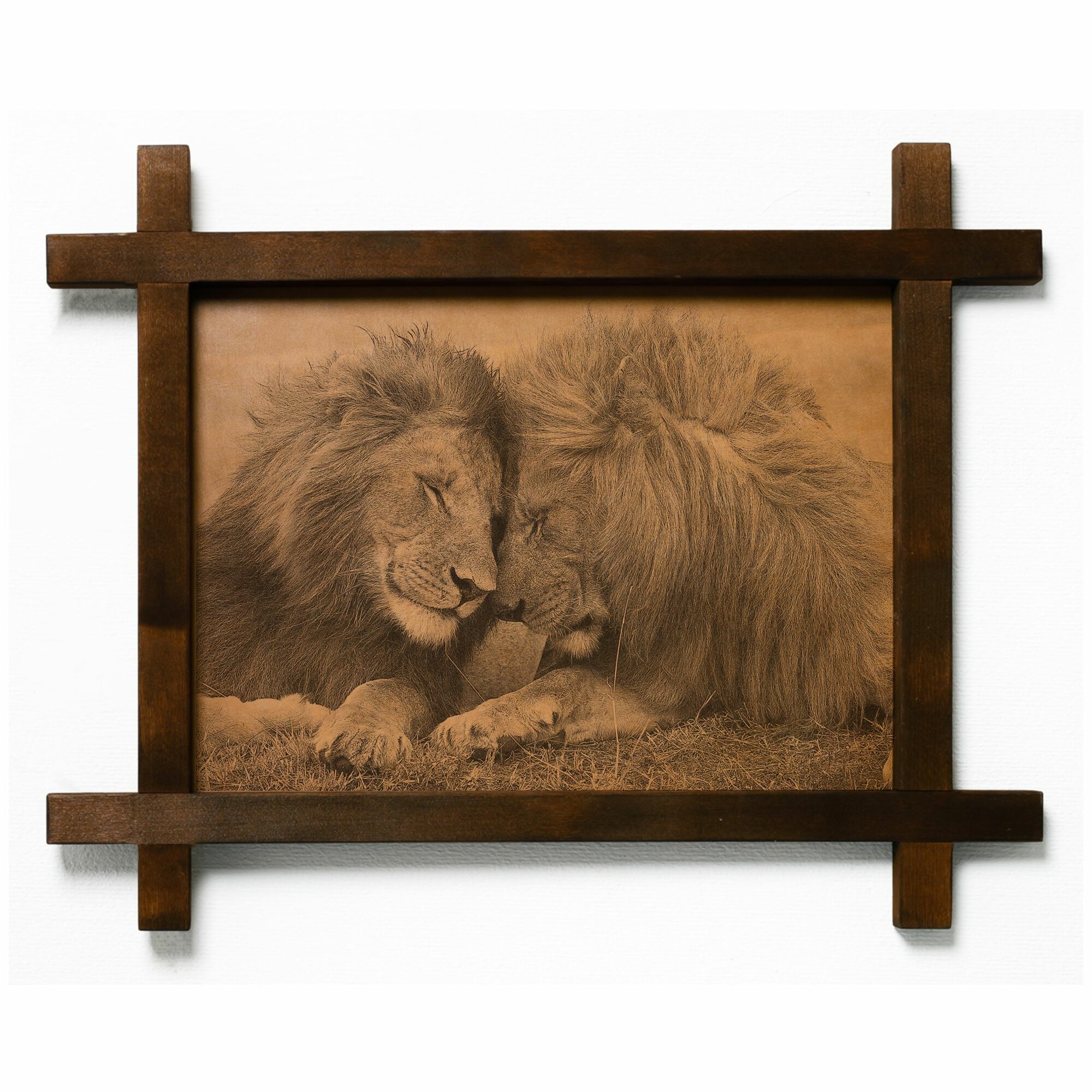 Интерьерная картина из натуральной кожи "Нежные львы", декоративное настенное панно в деревянной раме, BoomGift