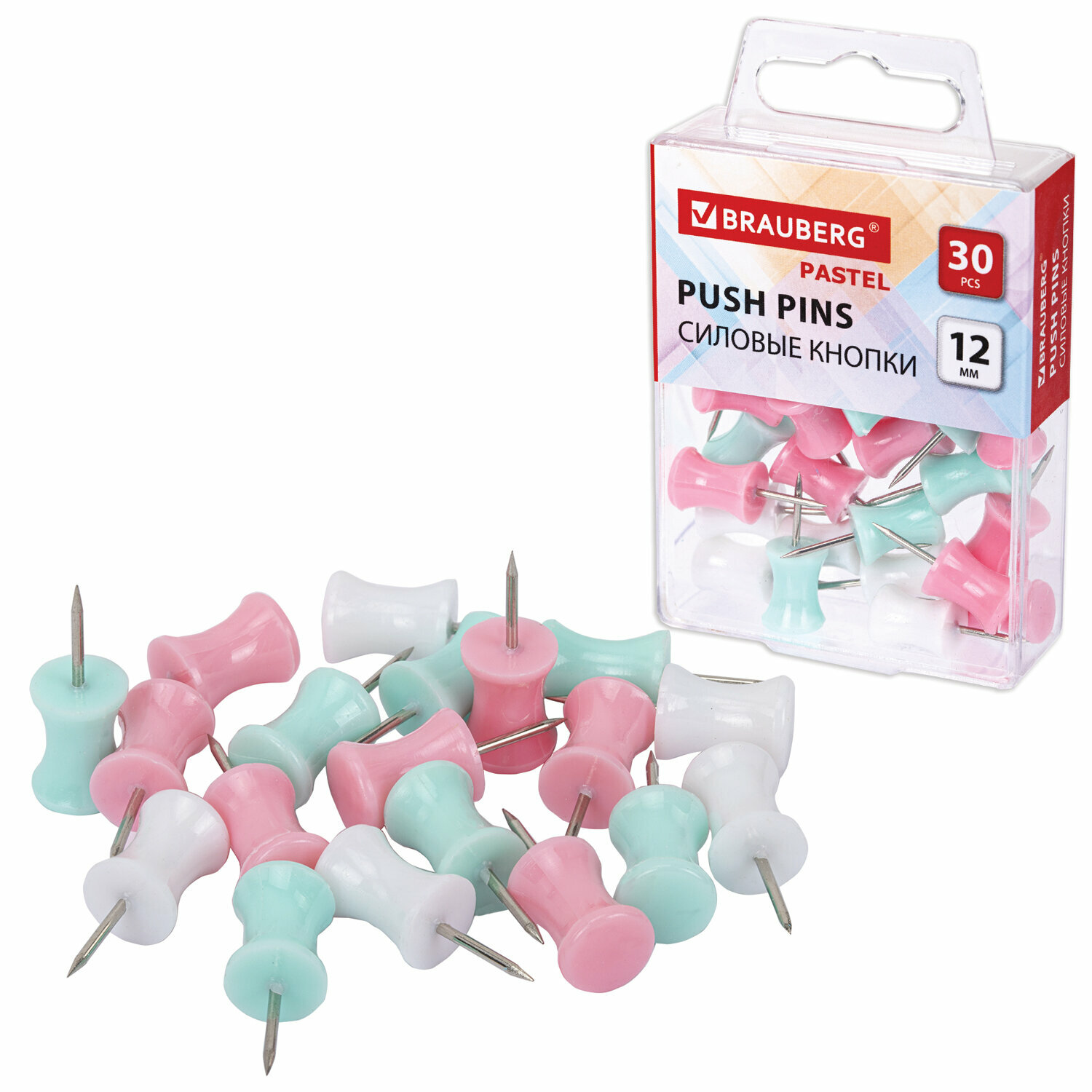 Упаковка 12 шт. Силовые кнопки-гвоздики BRAUBERG PASTEL, пастельные цвета, 30 штук, 12 мм, 272756