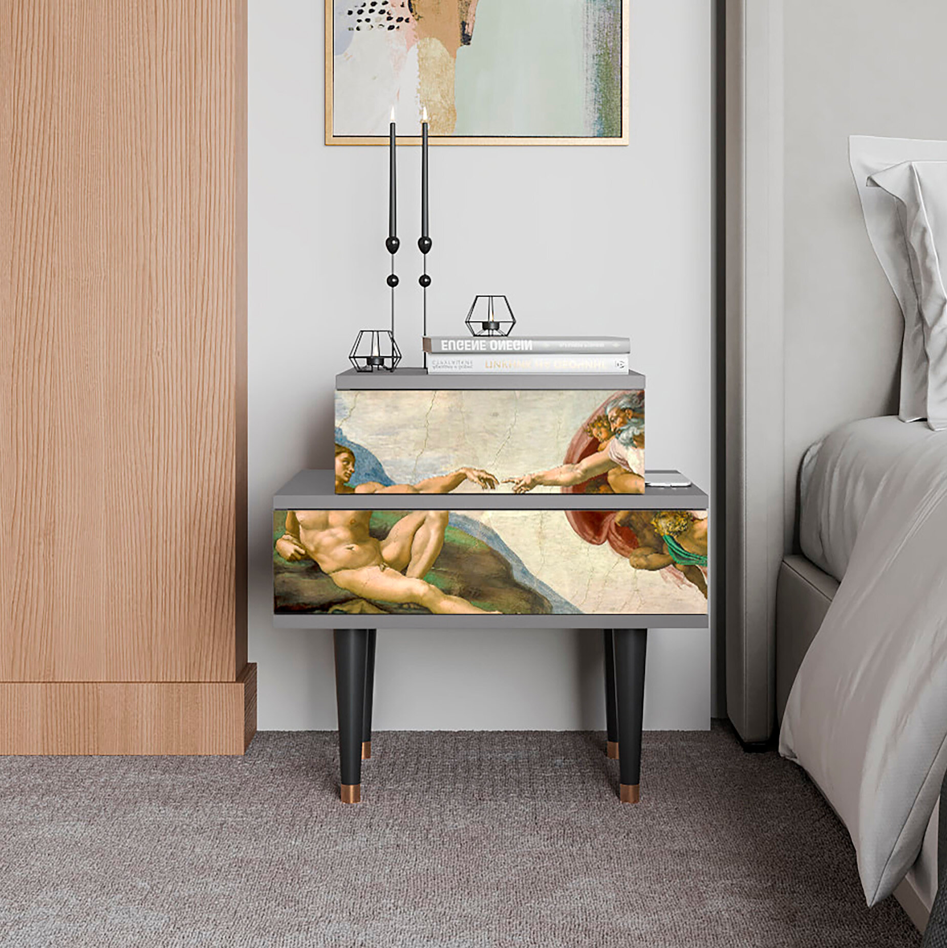 Прикроватная тумба - STORYZ - NS1 The Creation of Adam by Michelangelo, Размер - 58 x 58 x 41 см, Цвет корпуса - , Серый