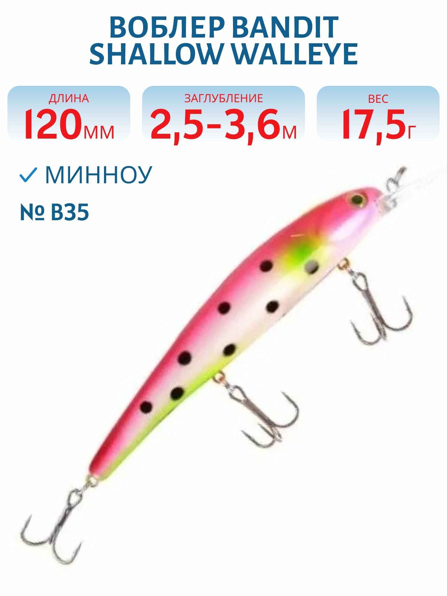 Воблер BANDIT SHALLOW WALLEYE, 120 мм, 17,5 гр, цвет B35