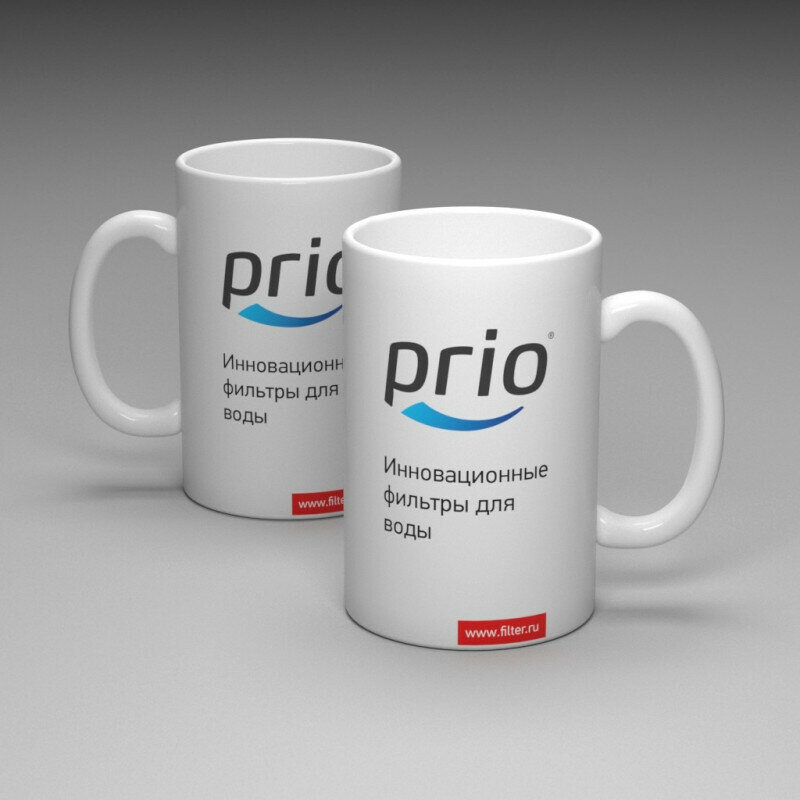Фирменная большая керамическая кружка Prio 0.43 литра, высокая, белая с принтом