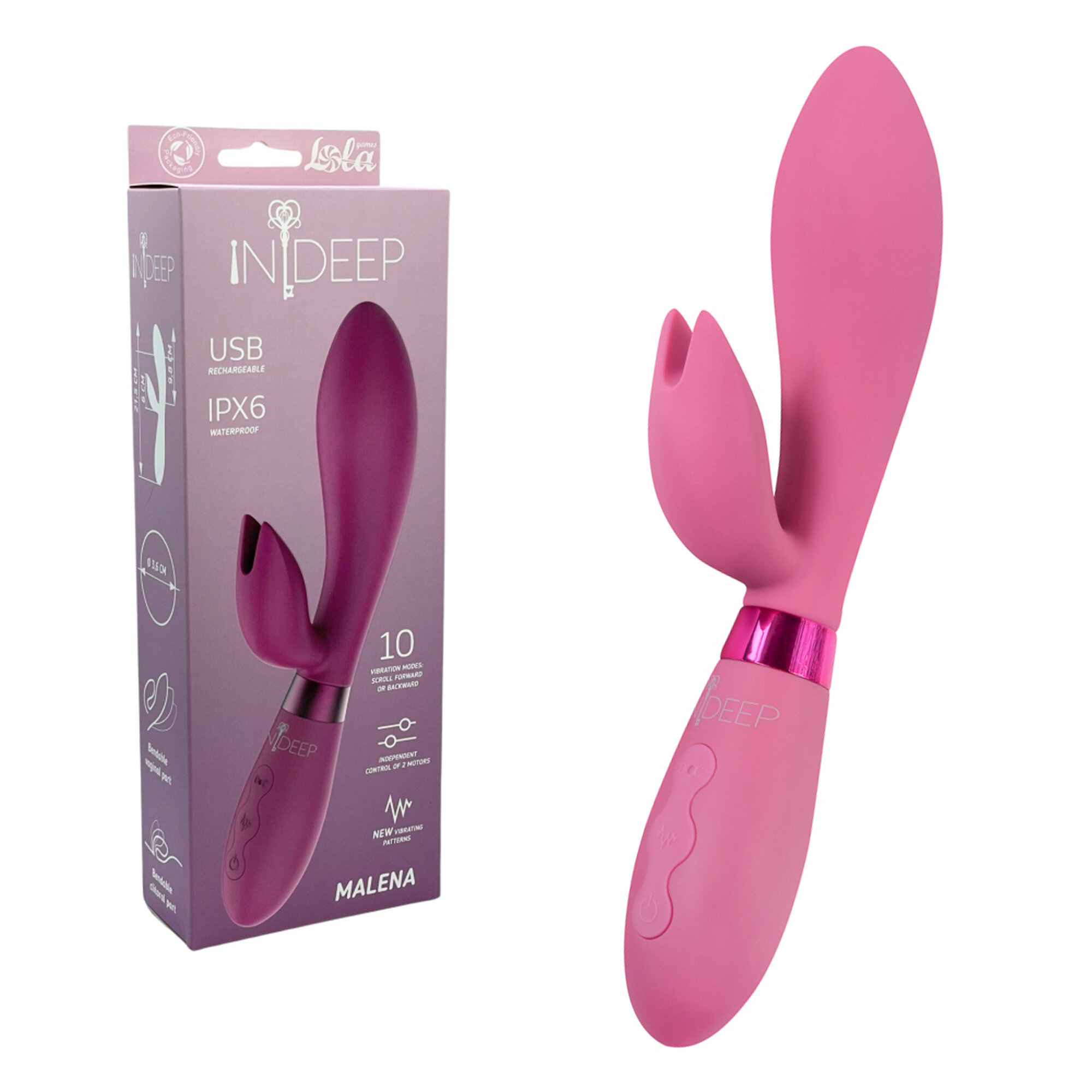 Вибратор Indeep PRO Malena Magenta с 2 моторами (21.5, Ø 3.6 см) indeep