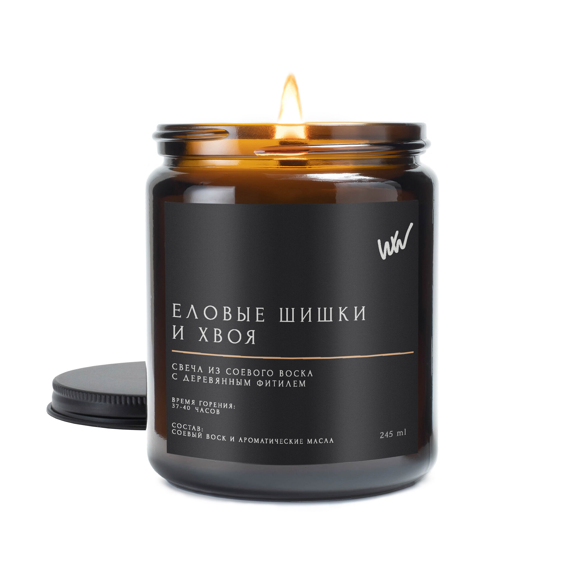 Свеча ароматическая WHALEWAY "Еловые шишки и хвоя", соевый воск/деревянный фитиль, 245 ml