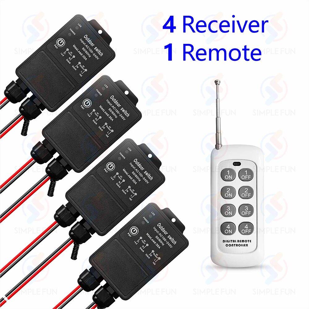 Водонепроницаемый беспроводной пульт дистанционного управления 433 МГц для освещения 4 Receiver 1 Remote