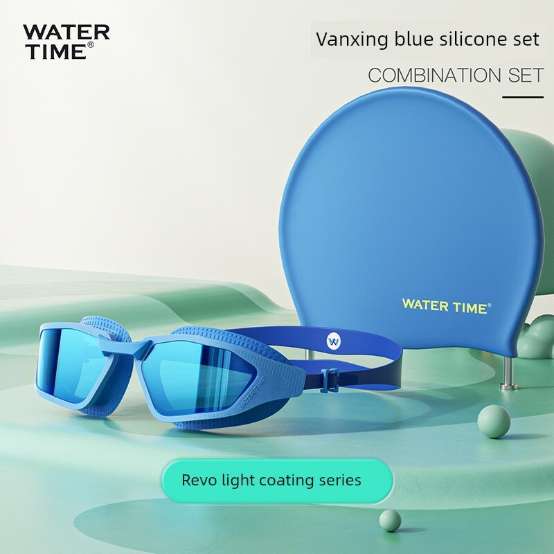 WaterTime Детские плавательные очки и водонепроницаемая силиконовая шапочка, антизапотевание, для детей 4-15 лет, синий