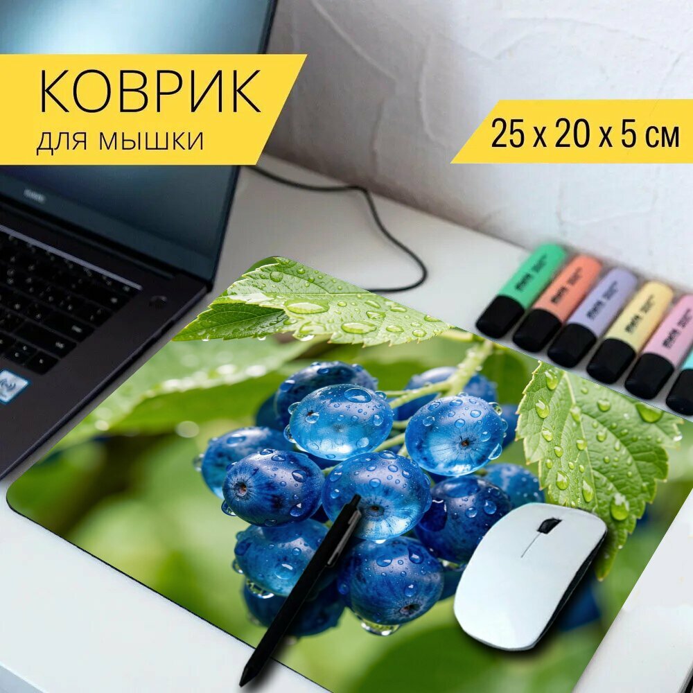 Коврик для мыши с принтом "Лесные плоды на ветке. Крупный макро-план сочных голубых ягод среди свежей листвы, покрытых водными каплями. Яркая зелень, насыщенный синий." 25x20см.