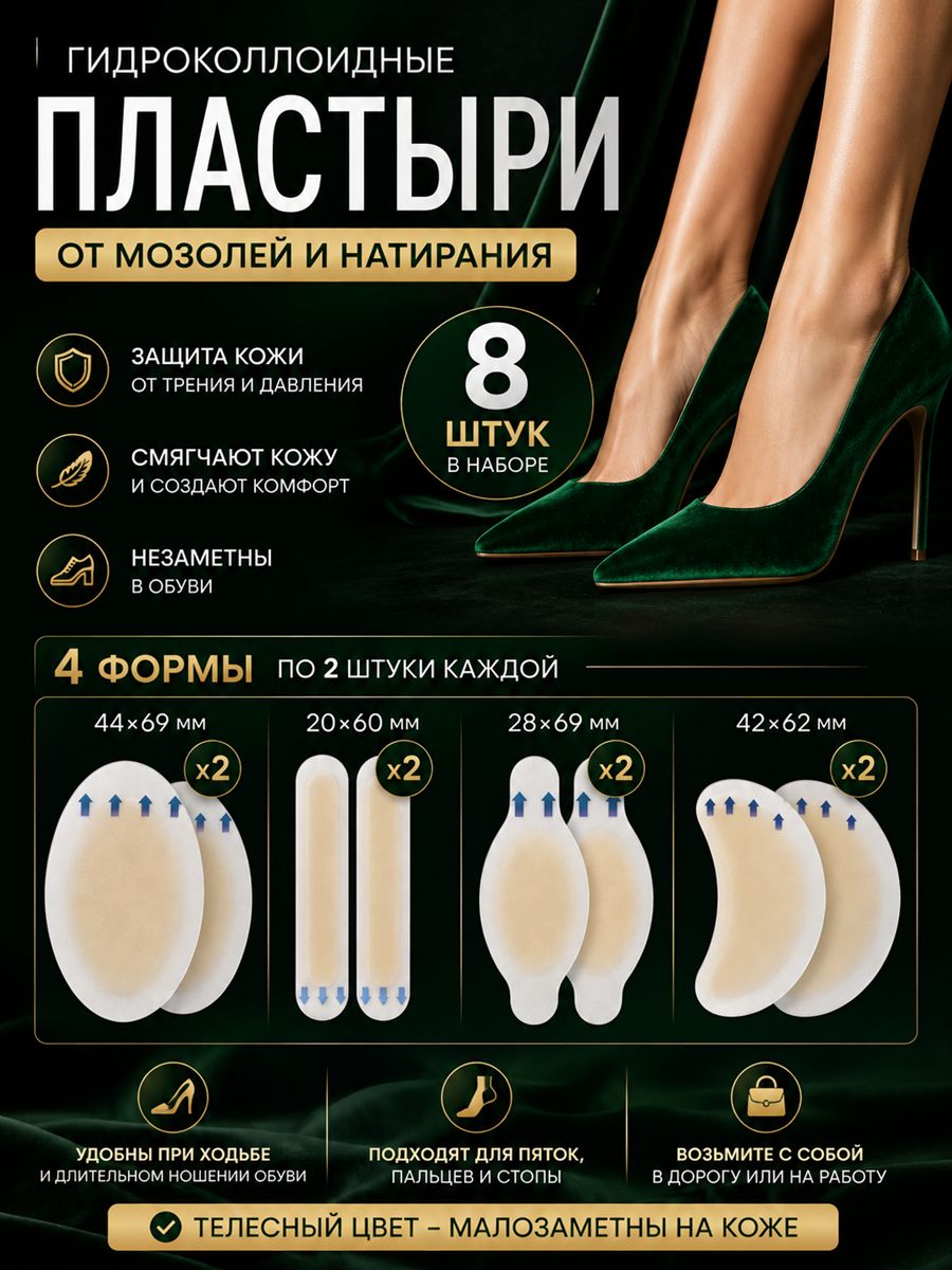 Гидроколлоидные патчи для ног набор 4 шт, косметический мозольный пластырь для обуви