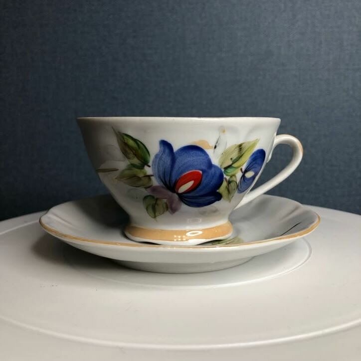 Чайная пара "анютины глазки", фарфор, ручная роспись, 70-е г. СССР