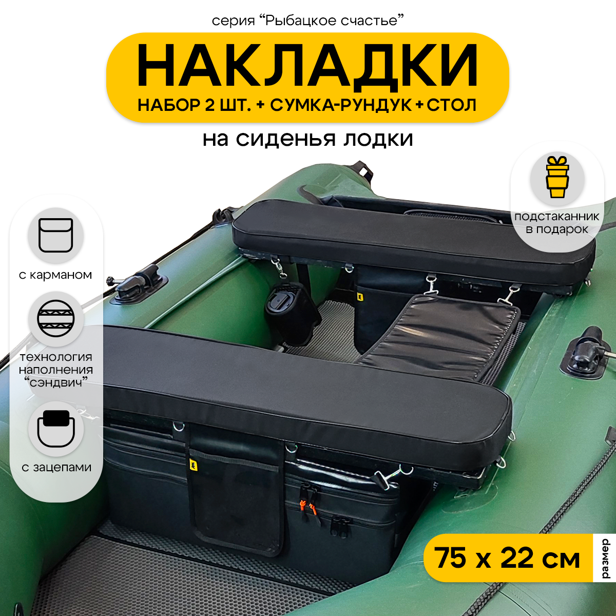 Мягкие накладки на сиденья для лодки ПВХ Рыбацкое счастье с сумкой-рундуком и столом черные