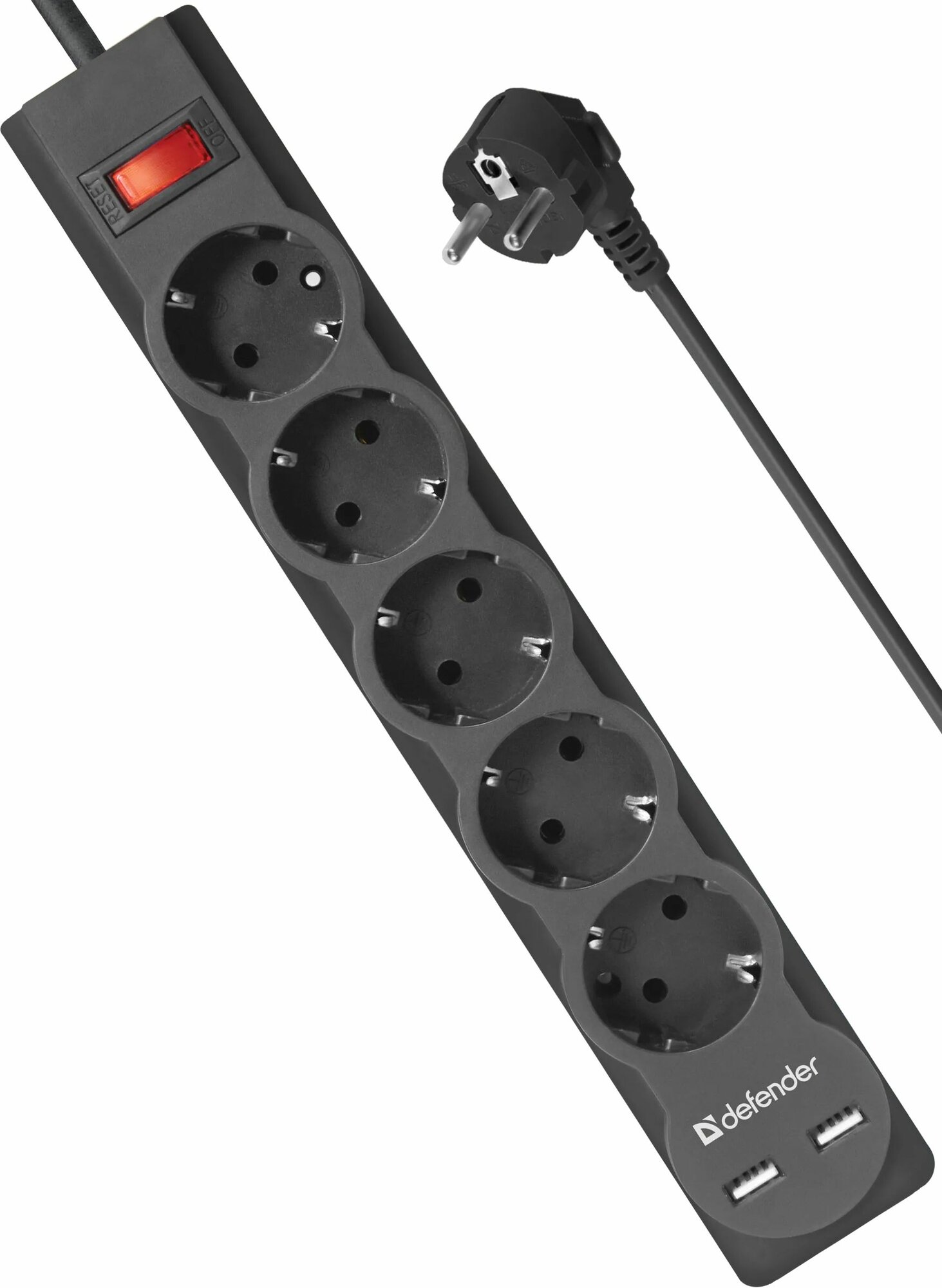 Сетевой фильтр Defender EURO DFS 751 (99751), 1.8 м, 5 розеток, 2 USB-порта, 5.00 x 4.00 x 31.00 см, черный