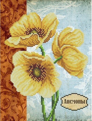 Ткань с рисунком для вышивания бисером Благовест К-4063-ш Анемоны, 20 х 25 см (Бисер в комплект не входит.)