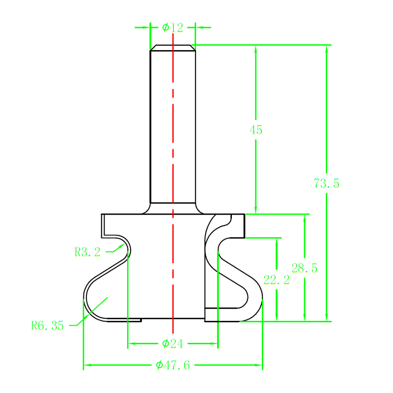 Фреза по древесине, фанере ручка алмазная PCD R1=3.2 R2=6.35 D=47.6x28.5x73.5 S=12 Rotis 555482.01