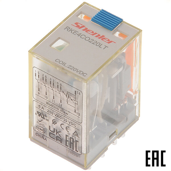 Реле промежуточное RKE4CO220LT, 220В DC, 5А, 4п (Shenler) (4 шт. в наборе)