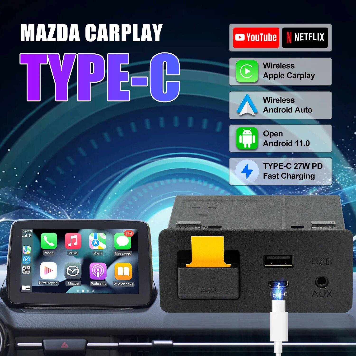 USB-комплект TYPE-C Mazda CarPlay Android Auto HUB OEM для Mazda 2 3 6 CX3 CX5 CX8 CX9 MX5 Miata TK78669U0C-2023 новый Wireless CP Android