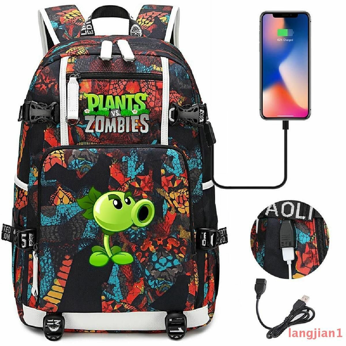 Рюкзак школьный Plants vs. Zombies USB с зарядкой для ноутбука и путешествий