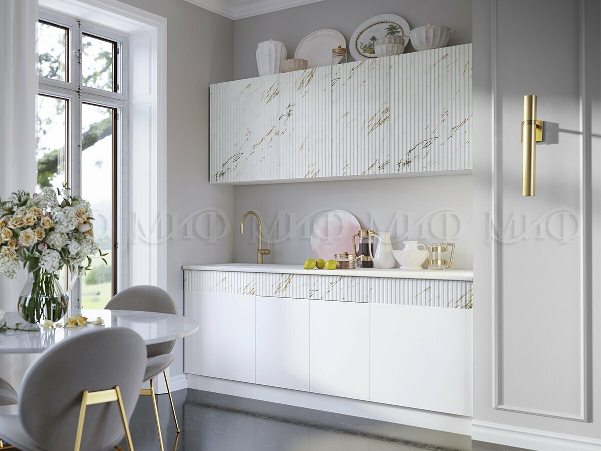 Кухня 2 метра прямая Миф Оливия NEW 2,0м (Белый глянец холодный/Мрамор золото), столешница дуб