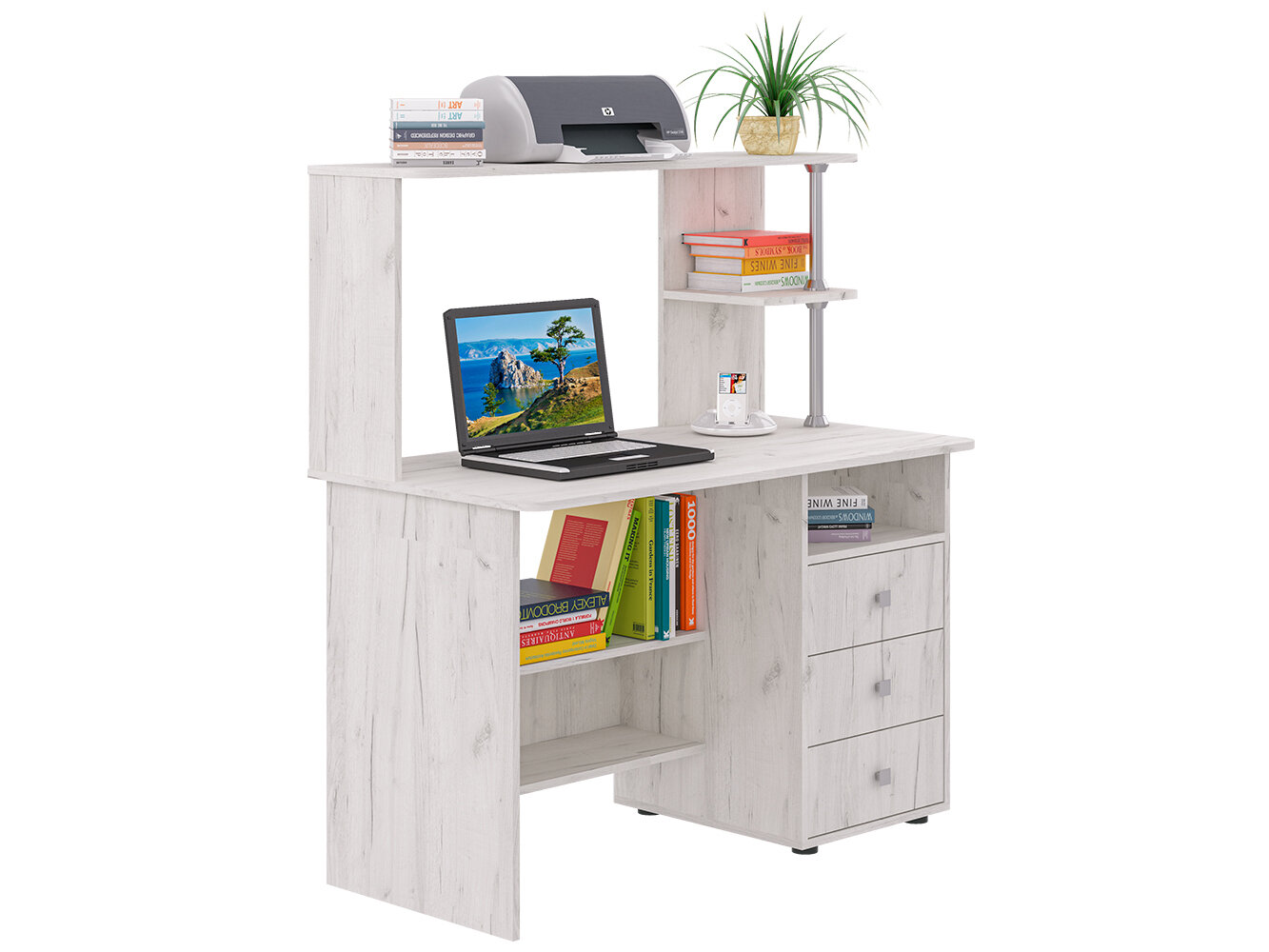 Стол компьютерный с надстройкой и ящиками КС-6, белый крафт