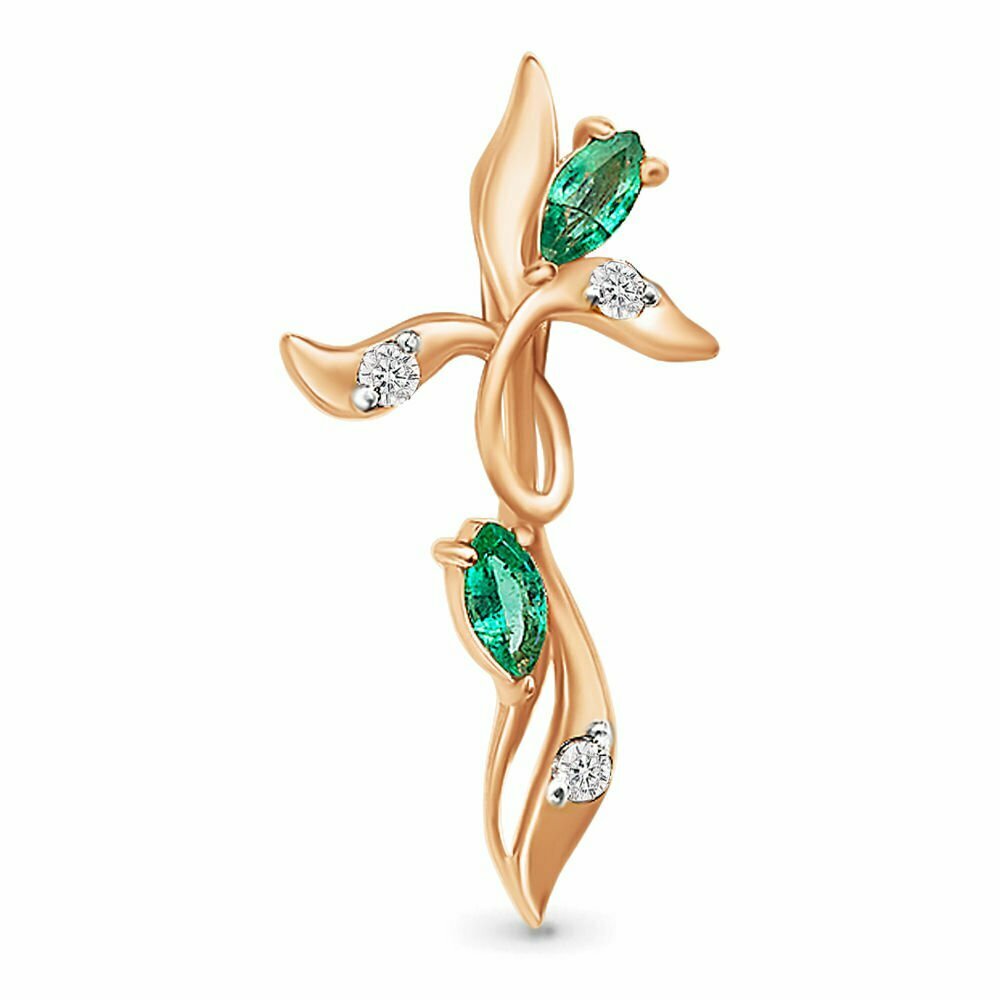 Подвеска, красное золото, 585 проба, родирование, бриллиант, изумруд