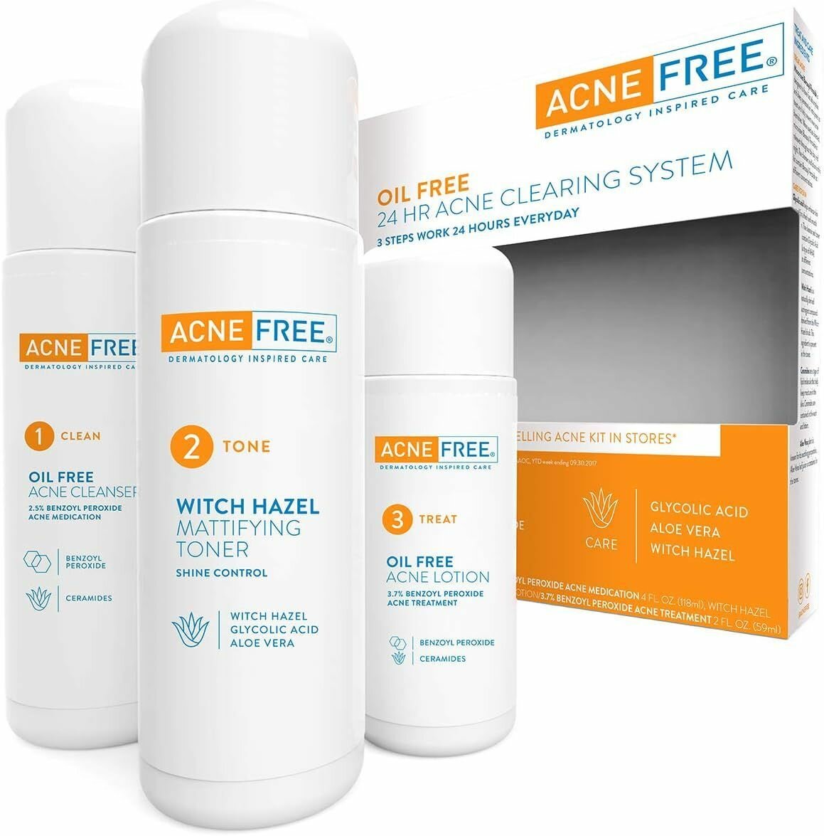 Набор для 24-часового удаления угревой сыпи Acnefree (очищающее средство для лица 118 мл + тоник 118 мл + лосьон 59 мл)