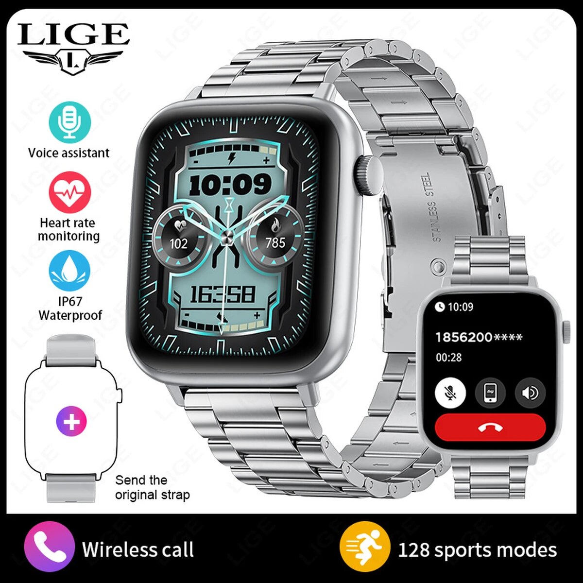 Умные часы LIGE X12 с мониторингом пульса и 1.83" экраном, Стальной пояс Серебро