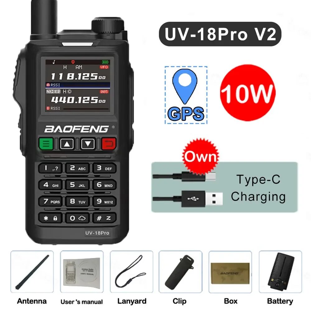 Baofeng UV-18Pro V2 GPS Walkie Talkie 10 Вт Портативная 999CH Ham FM-радиостанция дальнего действия UHF VHF USB-C Зарядка 2-стороннее радио Водонепроницаемая, UV-18Pro V2-Kit 1