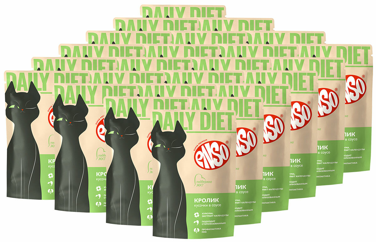 Корм влажный Enso Daily Diet для взрослых кошек для поддержания здоровья ЖКТ, кролик в соусе, 85 г х 24 шт