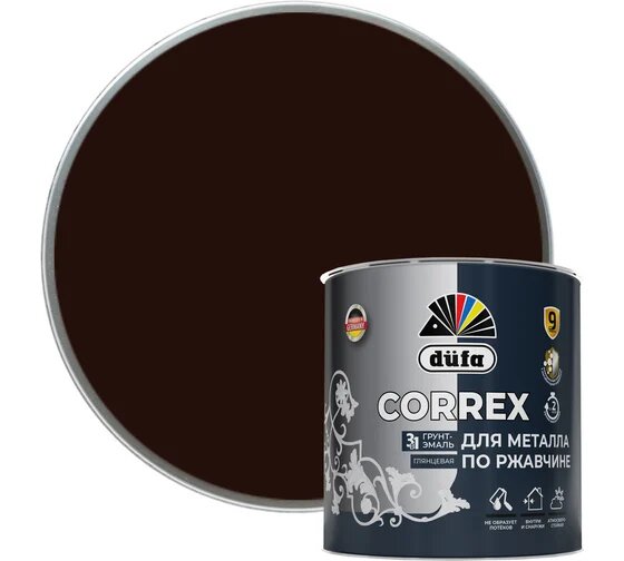 Dufa Грунт-эмаль по ржавчине гладкая Correx 3 в 1 RAL-8017 шоколад 2 л