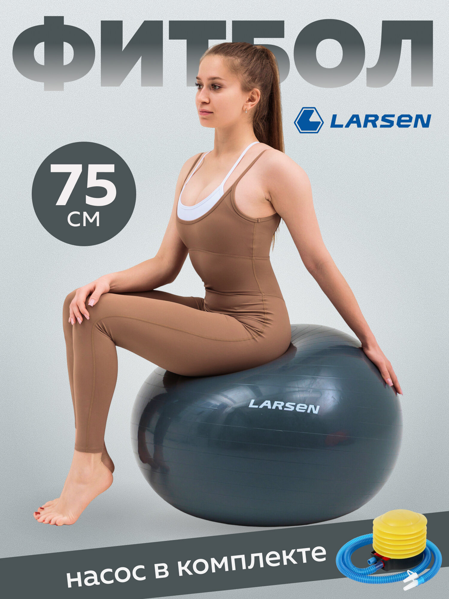 Мяч гимнастический с насосом Larsen HG-4 серый 75 см , максимальная нагрузка 200 кг