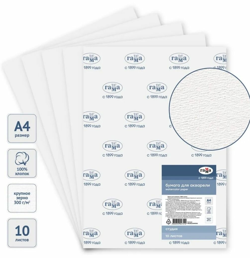 Бумага для акварели, 10л, А4, Гамма "Студия", 300г/м2, крупное зерно, 100% хлопок
