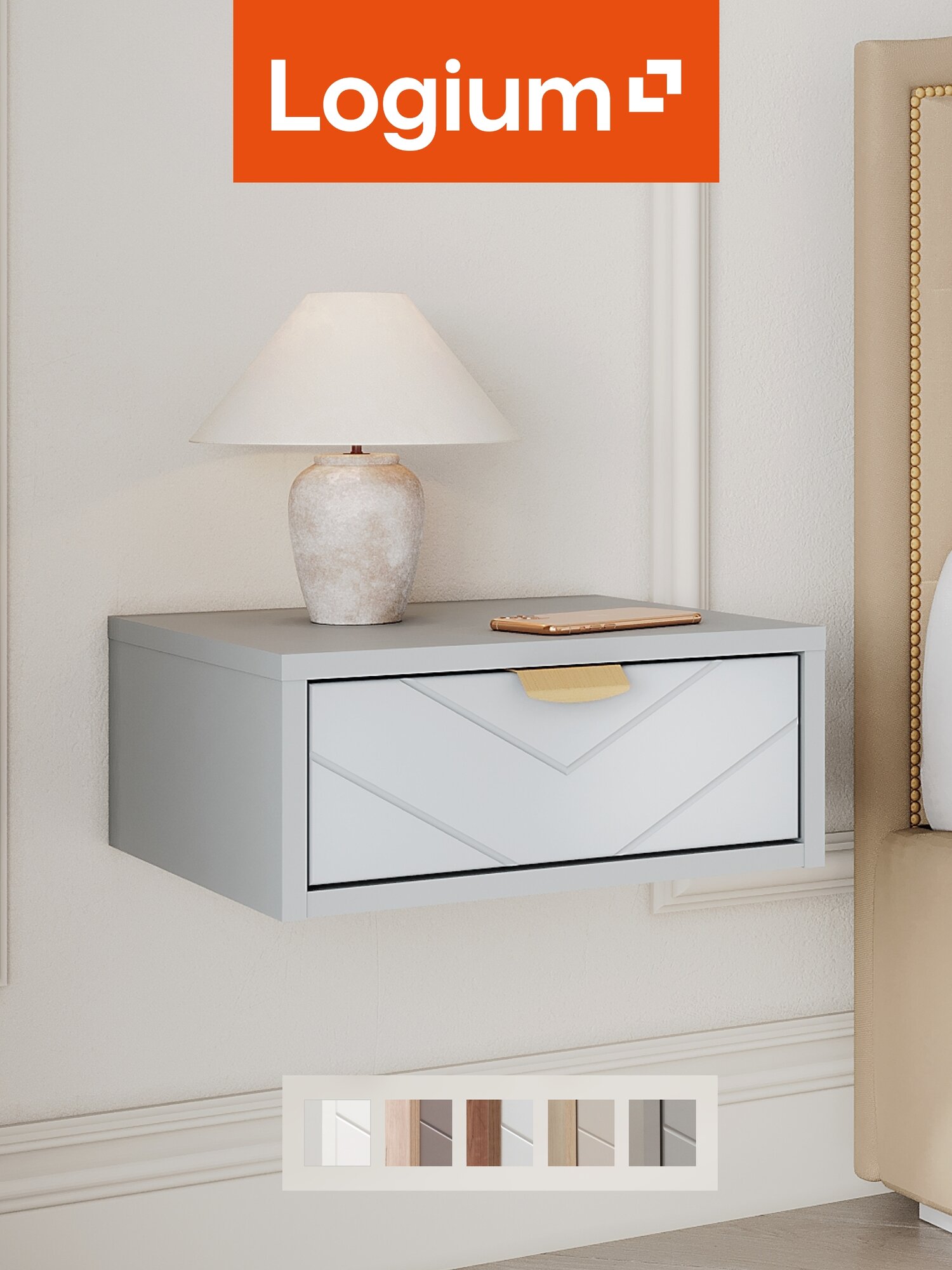 Тумба подвесная прикроватная, 40х34х16 см, Венеция 16.155.01, Шиншилла серая, Серый опал софт