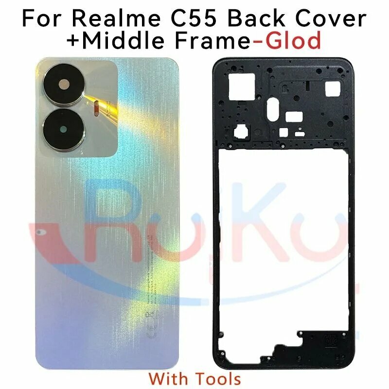 Панель задней крышки Realme C55 с крышкой объектива камеры + средней рамкой, задняя крышка из сменного пластикового материала, рама крышки батареи C55.