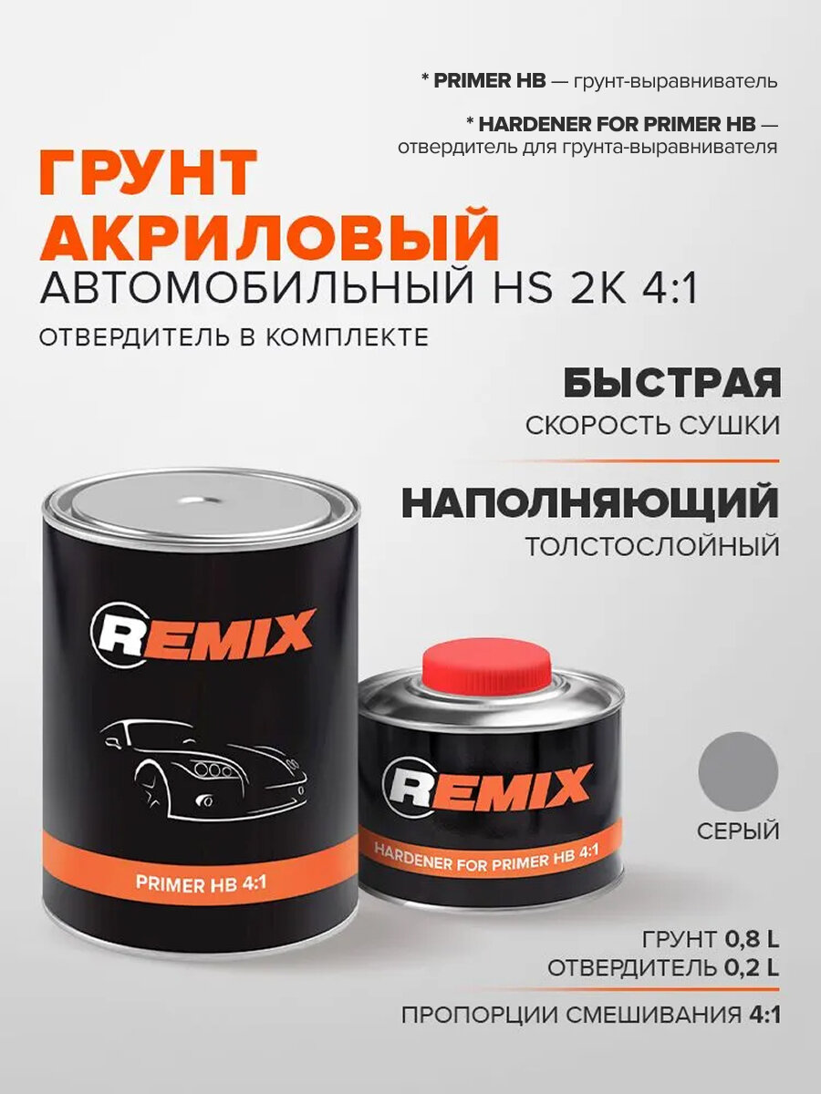 Грунтовка для автомобиля 4+1 HS с высоким сухим остатком cерая 0,8 л + 0,2 л отвердитель / REMIX / грунт автомобильный