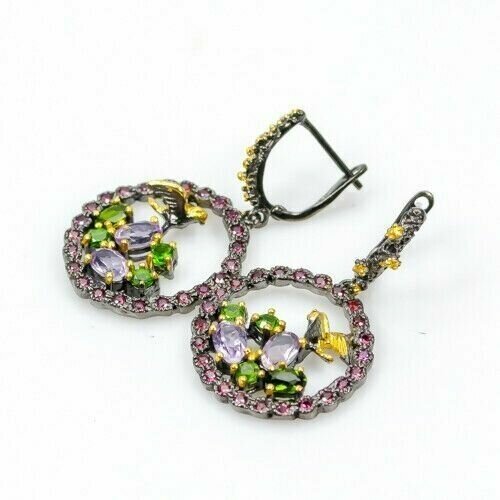 Серьги с подвесками Серебряная лилия, серебро, 925 проба, родирование, чернение, хромдиопсид, гранат, аметист