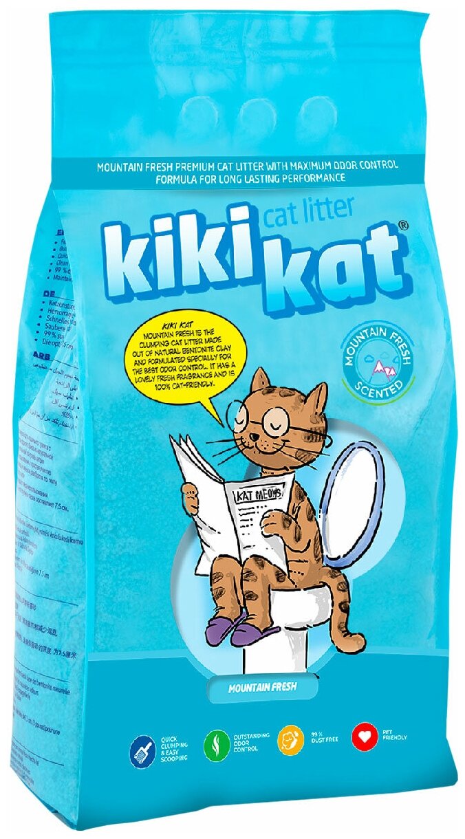 KIKIKAT MOUNTAIN FRESH SCENTED супер белый наполнитель комкующийся для туалета кошек с ароматом горной свежести (5 л)