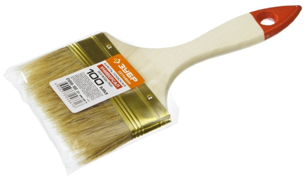 Плоская кисть ЗУБР Универсал 100 мм 4 светлая натуральная щетина деревянная ручка 01099-100