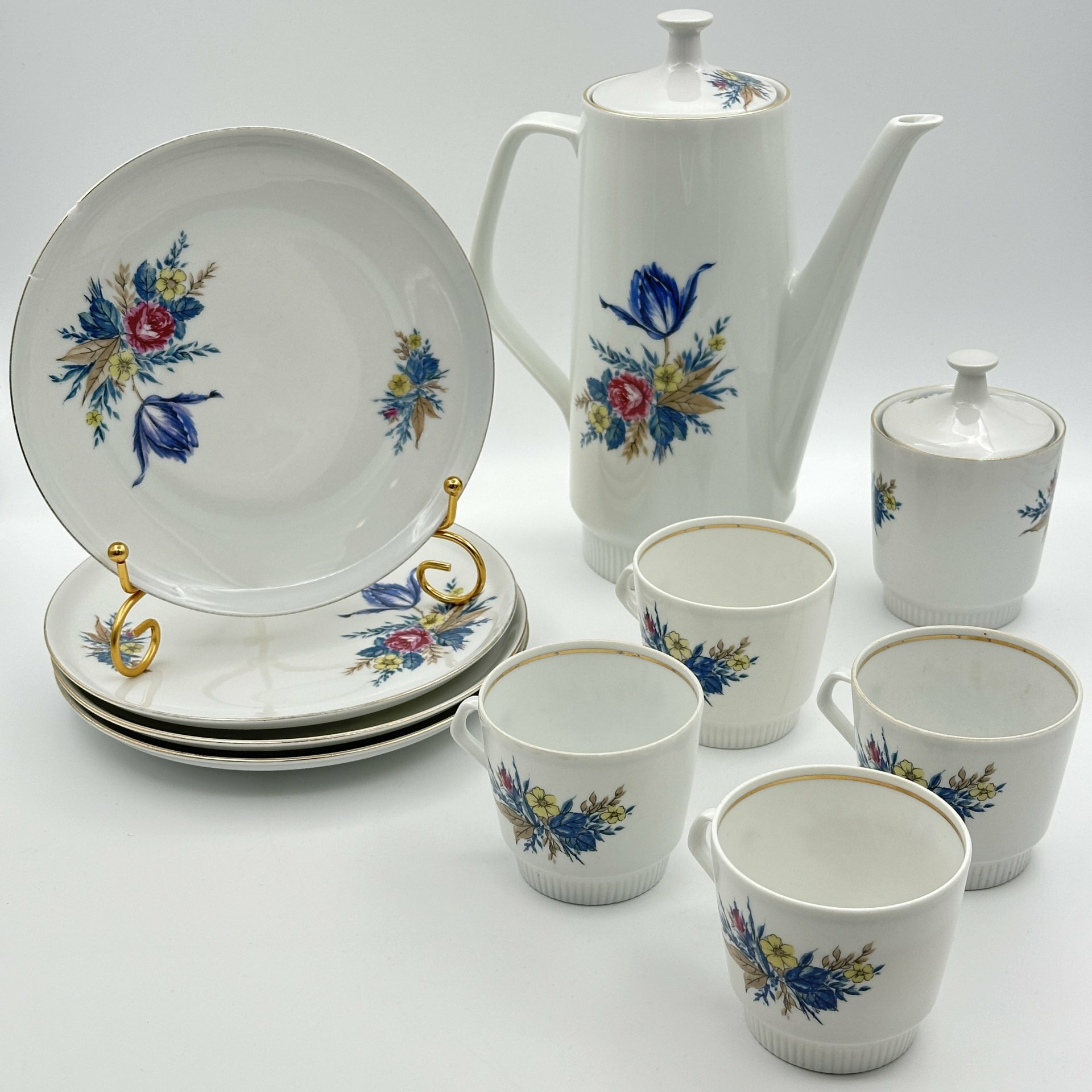Сервиз чайно-кофейный с цветочным декором на 4 персоны (10 предметов), фарфор
