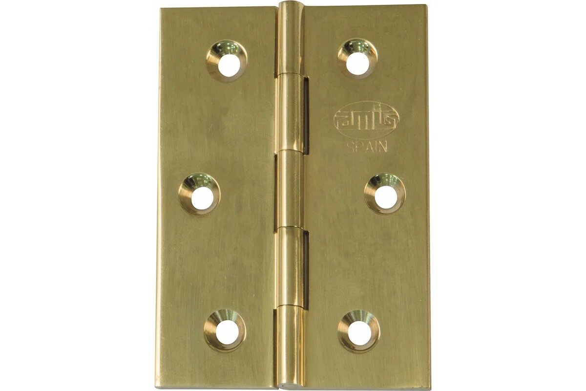 Универсальная петля Amig, латунь полированная 1002, 50×40 мм, угол открывания 90/180°, накладная и врезная монтаж, для дерева, МДФ, ДВП, без доводчика.