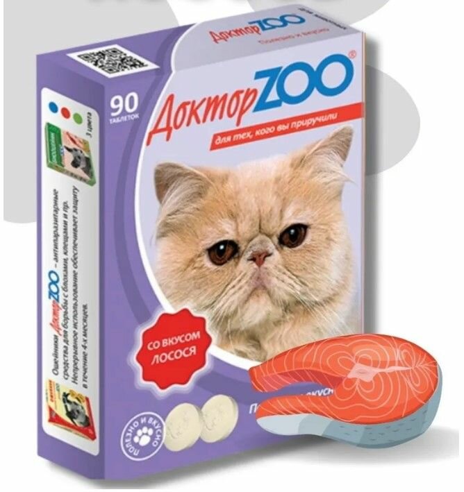 Полезное лакомство для кошек со вкусом лосося и биотином, Доктор ZOO, 90 табл.