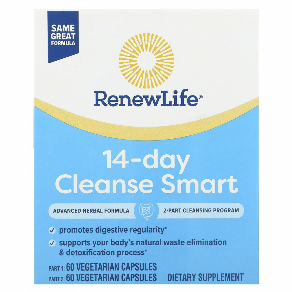 Renew Life, Cleanse Smart™, средство для полного очищения организма, 2 флакона, 60 вегетарианских капсул