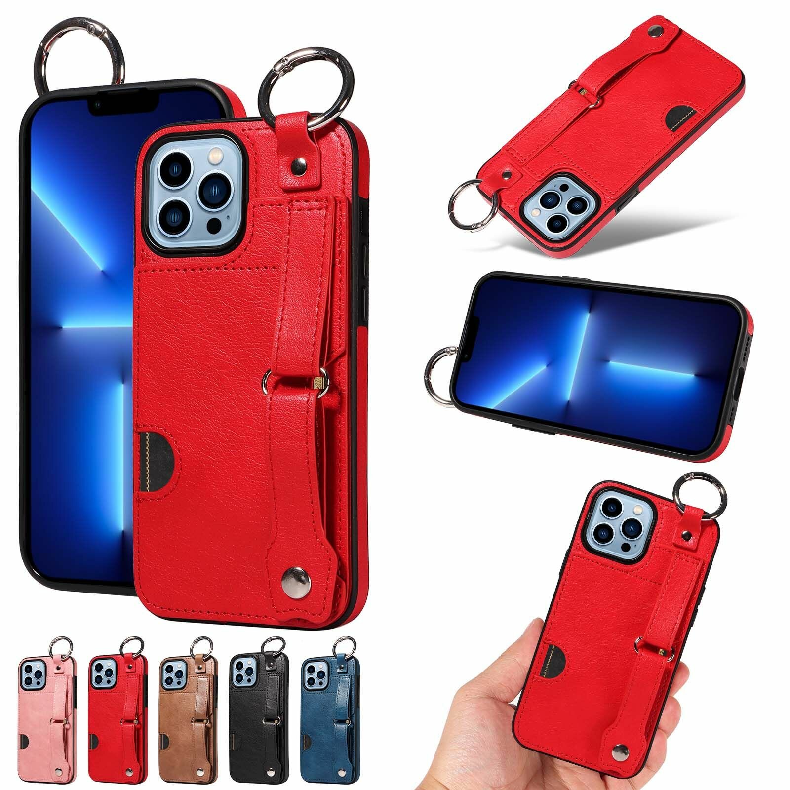 YIKATU Кожаный чехол для Apple iPhone 13 Pro Max (Эпл Айфон 13 Про Макс) с регулируемым ремешком на запястье/кольцевой пряжкой/ Держатель карты